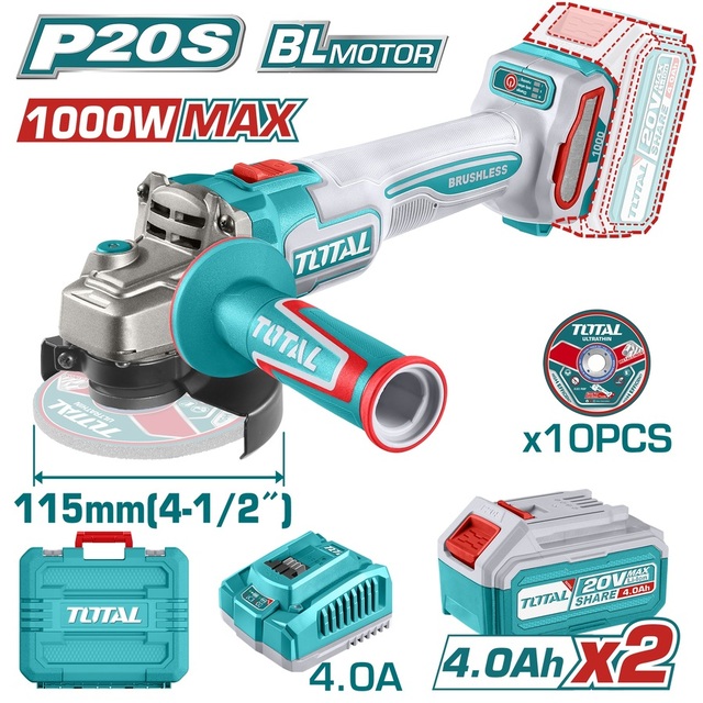 TOTAL ΕΠΑΓΓ. ΣΕΤ ΓΩΝΙΑΚΟΣ ΤΡΟΧΟΣ 125mm ΜΠΑΤ. Li-ion 20V / 4Ah / 2 ΜΠΑΤ ...