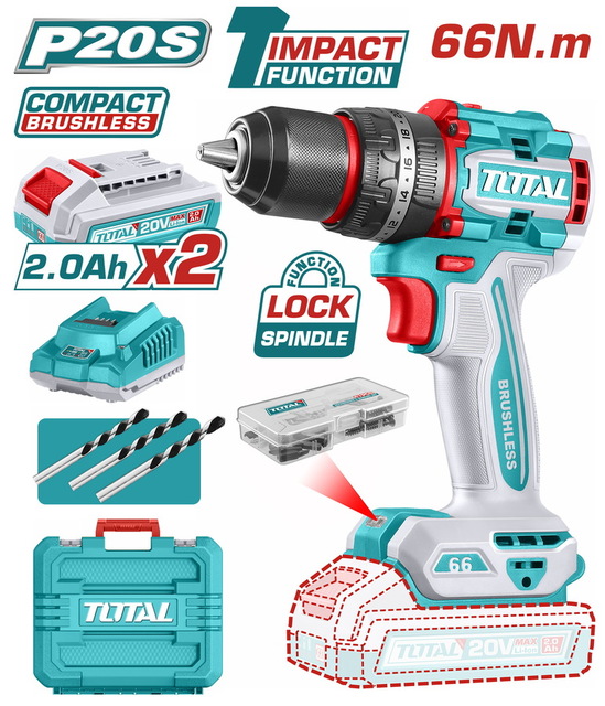 TOTAL Compact Brushless Cordless Impact Drill Li-ion 20V / 2Ah / 66Nm ...