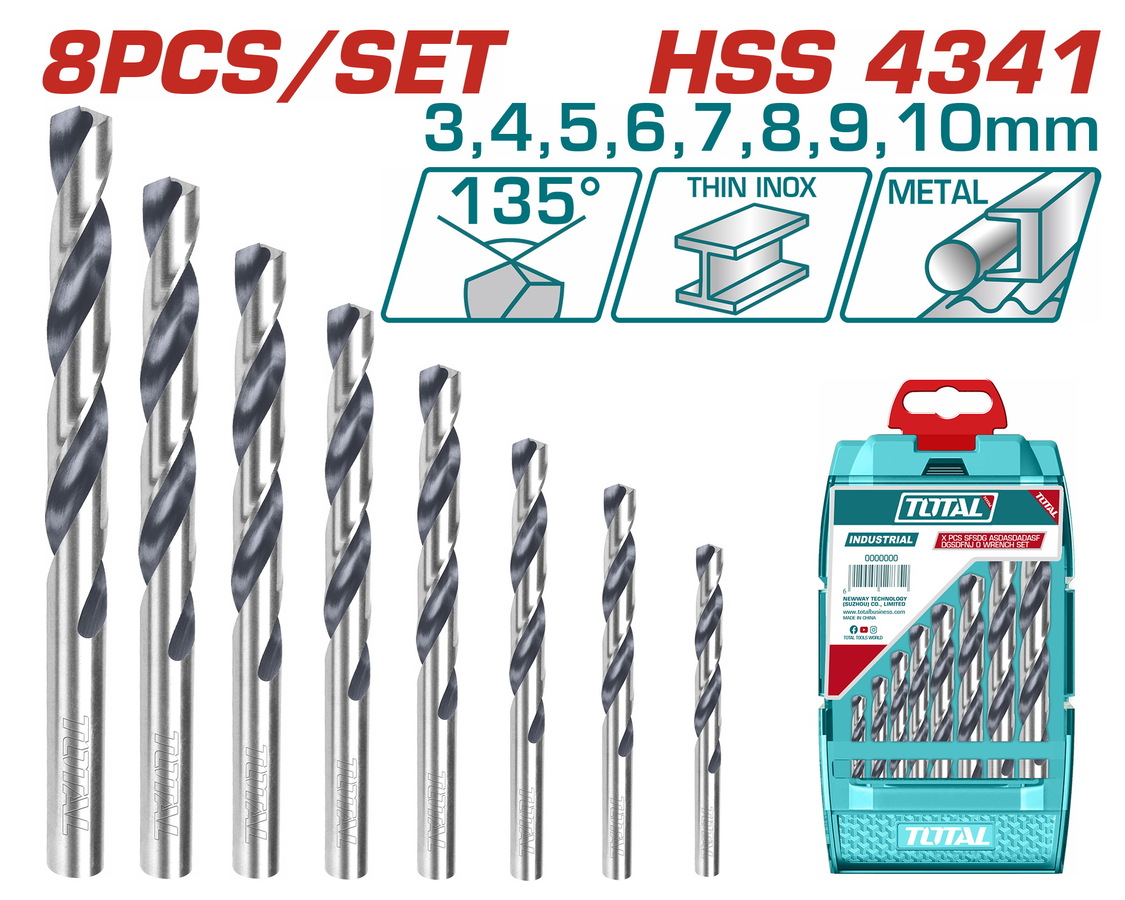 TOTAL 8 Pcs HSS twist drill bits set (TACSD0085)