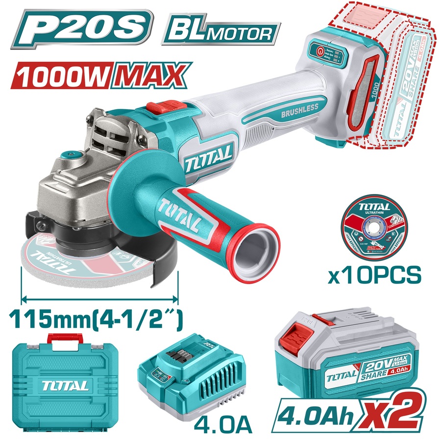 TOTAL ΕΠΑΓΓ. ΣΕΤ ΓΩΝΙΑΚΟΣ ΤΡΟΧΟΣ 125mm ΜΠΑΤ. Li-ion 20V / 4Ah / 2 ΜΠΑΤ ...